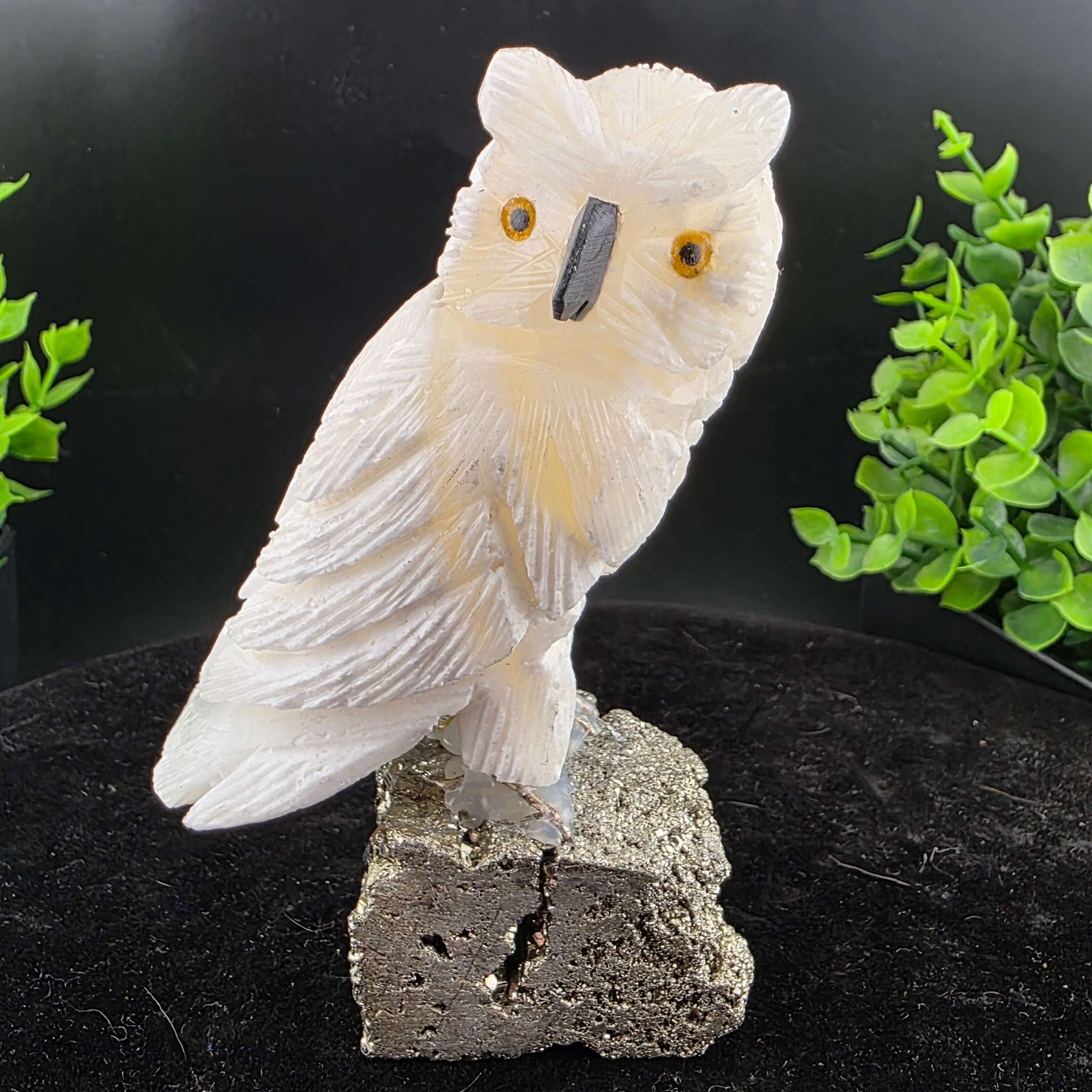 Owl Carving on Pyrite cluster - Elegant Home Accent